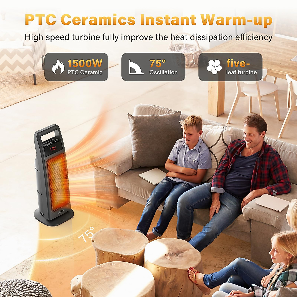 JRD Space Heater Indoor with Thermostat, 24 inch Portable Heater with 75°Oscillation, 1500W PTC Ceramic Heater with remote, 3 Modes, 8h Timer, Safety Electric Heaters for Bedroom Home Office