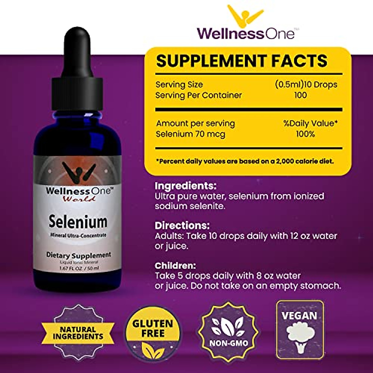 WellnessOne Selenium Supplement - Selenium Drops for Heart Health & Thyroid Support - Essential Trace Minerals that Boost Immunity & Help Form Antioxidant Enzymes - Good for Kids, Men & Women - 1.67fl