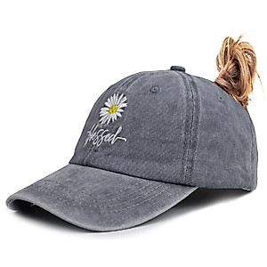 MANMESH HATT Ponytail Hats for Women, Daisy Blessed Faith Embroidered Gift, Washed Vintage Adjustable High Messy Bun Ponytail Baseball Cap (Grey, One Size)