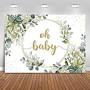 Mocsicka Greenery Baby Shower Backdrop Gold Oh Baby Background Green Eucalyptus Baby Shower Party Cake Table Decoration Banner Photo Booth Props (8x6ft)