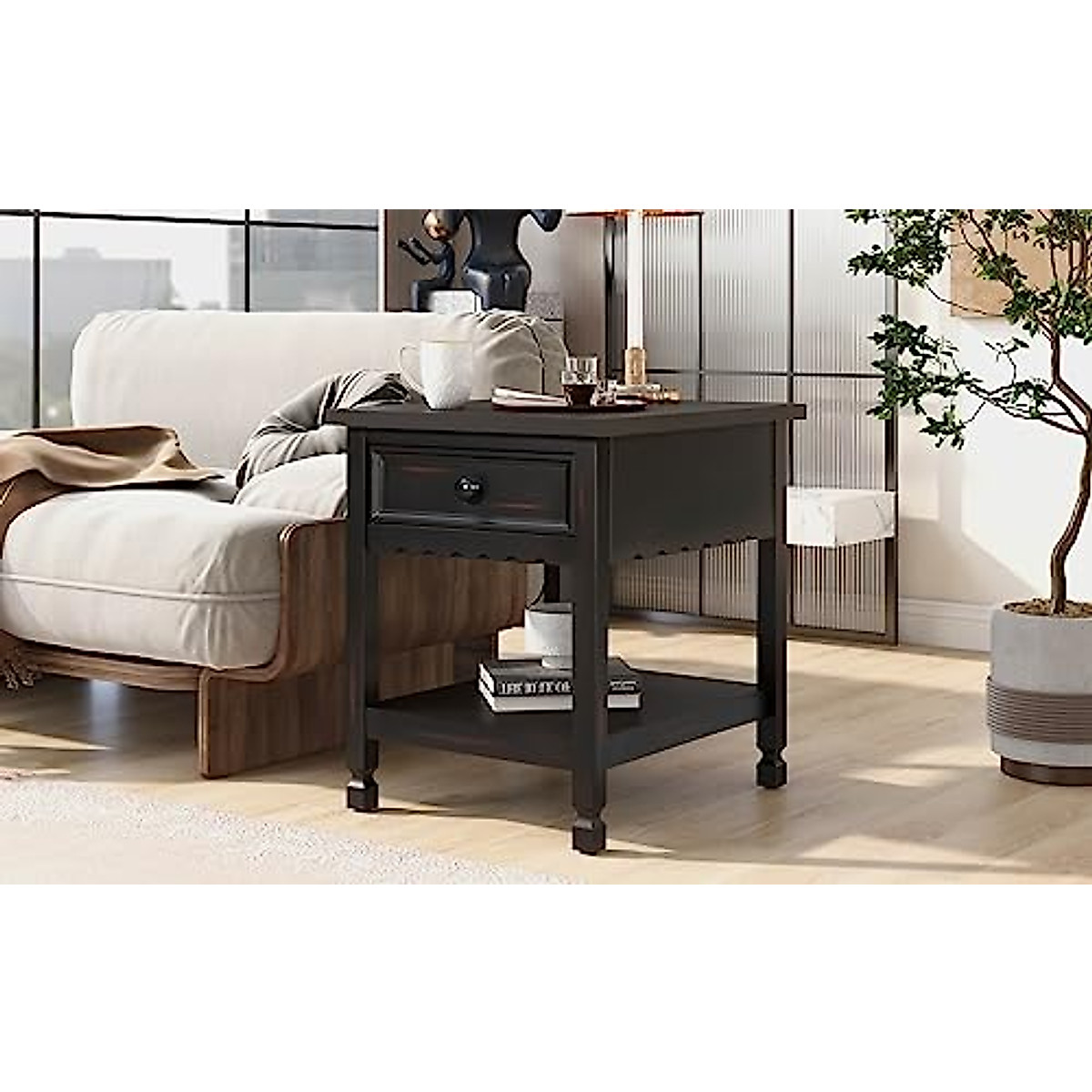 FDSPDO Classical Black&White End Table with Open Styled Shelf Large Storage Space,Side Table Drawer with Metal Handles for Living Room