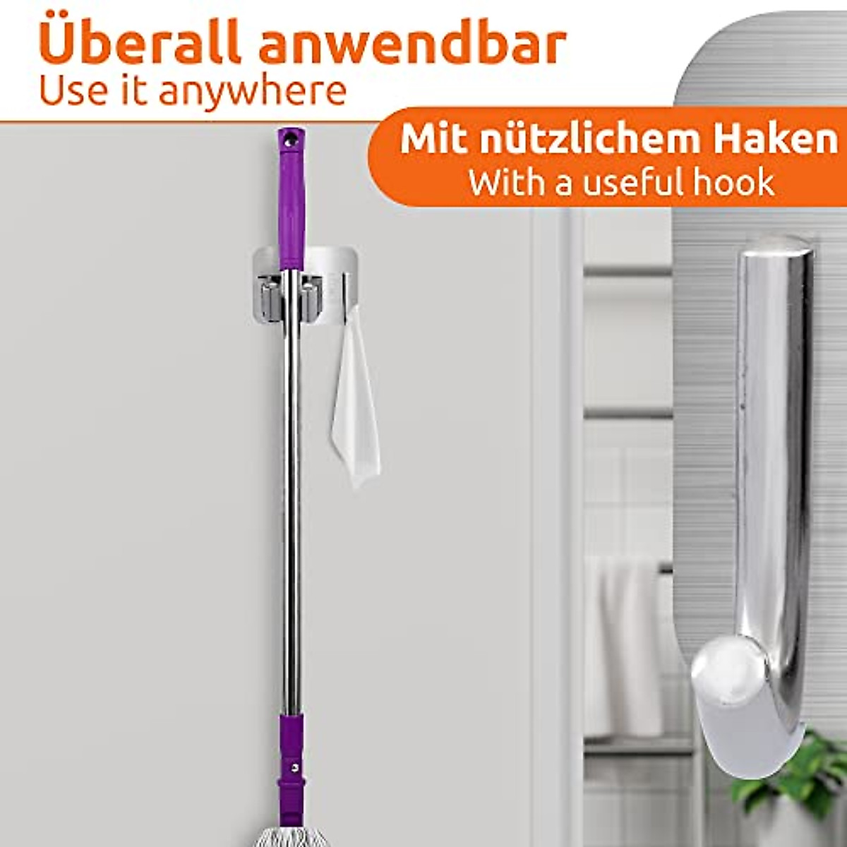 ECENCE 4x Broom Holder Self-Adhesive with Hook, Mop Hanger Wall Mount, Garden Tool Rack, Garage Storage Systems, Laundry Kitchen Tool Organizer Silver