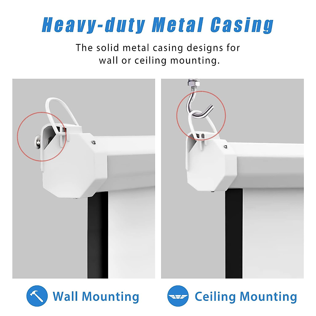 LopBast Screen 100INCH Manual Pull Down White Projector Screen 16:9 1.2 Gain Retractable Auto-Locking 4K 8K 3D Ultra HD for Home Theater Movie Office Game Projection Screen with Slow Retract Mechanism