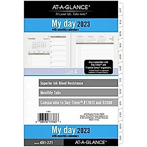 AT-A-GLANCE 2023 Daily Planner Refill, Hourly, 5-1/2" x 8-1/2", 12010 Day-Timer, Size 4, Desk Size, Two Pages Per Day, Loose Leaf, Monthly Tabs (481-225)