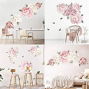 Peony Flowers Wall Sticker Waterproof PVC Rose Flowers Wall Decals Removable Floral Wall Decor Sticker for Living Room Bedroom Nursery Room