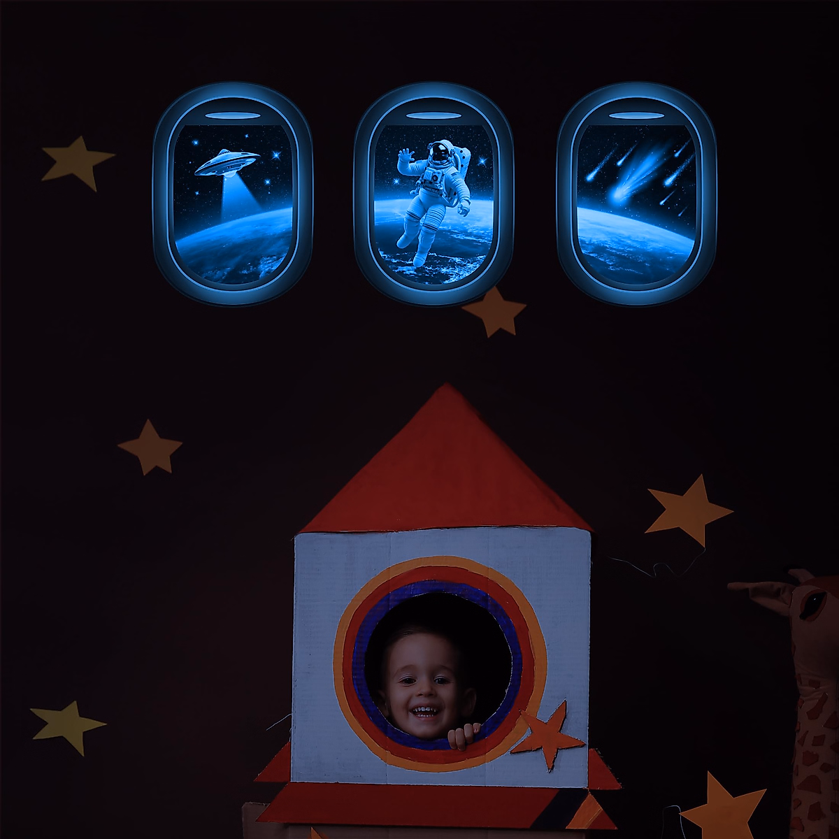 Glow in The Dark 3D Space Wall Decals, Set of 3 Galaxy Window Stickers for Wall, Space Themed Room Decor for Kids Boys (Blue)