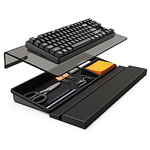 3 in 1 Keyboard Stand w/Wrist Rest and Storage Tray - Klearlook [Ultra Comfortable] PU Leather Wrist Pad & Acrylic Keyboard Riser, 16.9x7.3 inch Tilt Adjustable Computer Keyboard Stand Holder-Black