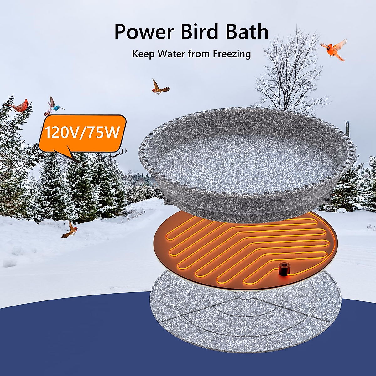 Sunvigor Heated Bird Bath for Outdoors, Deck Mounted 75W Bird Bath Deicer Bird Feeder with Thermostatically Controlled, Bird Bath Bowl for Winter Garden Yard Patio Lawn, with 3.6 Feet Electric Cord