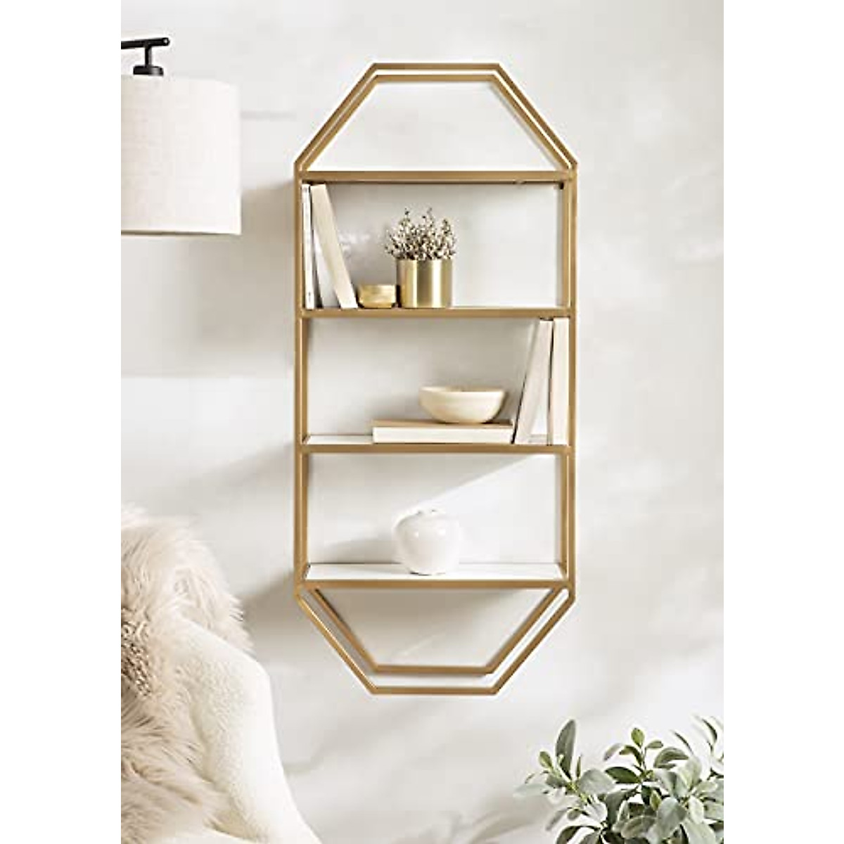 Kate and Laurel Adela Modern Octagon Wall Shelf, 18.25 x 7.5 x 41, White and Gold, Glam 4-Tier Shelf for Storage and Display