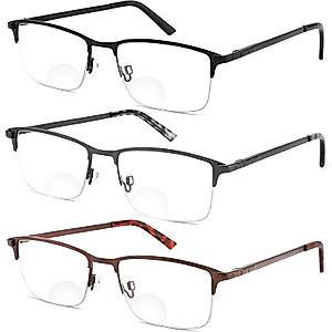 JJWELL 3 Pack Bifocal Reading Glasses for Men Blue Light Blocking, Anti Eyestrain/ Dryness/ UV Spring Hinge Bifocal Readers for Men with Pouches, Half Metal Eyeglasses (1.75)