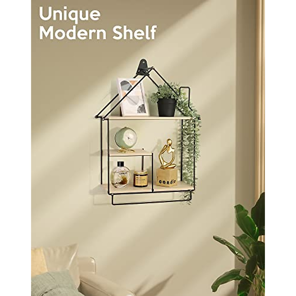 Tikea Floating Shelves, House-Shaped Wall Mounted Shelves for Storage, Modern Farmhouse Hanging Shelf with Metal Frames and Addition Hooks for Living Room Bedroom Bathroom Entryway Decor