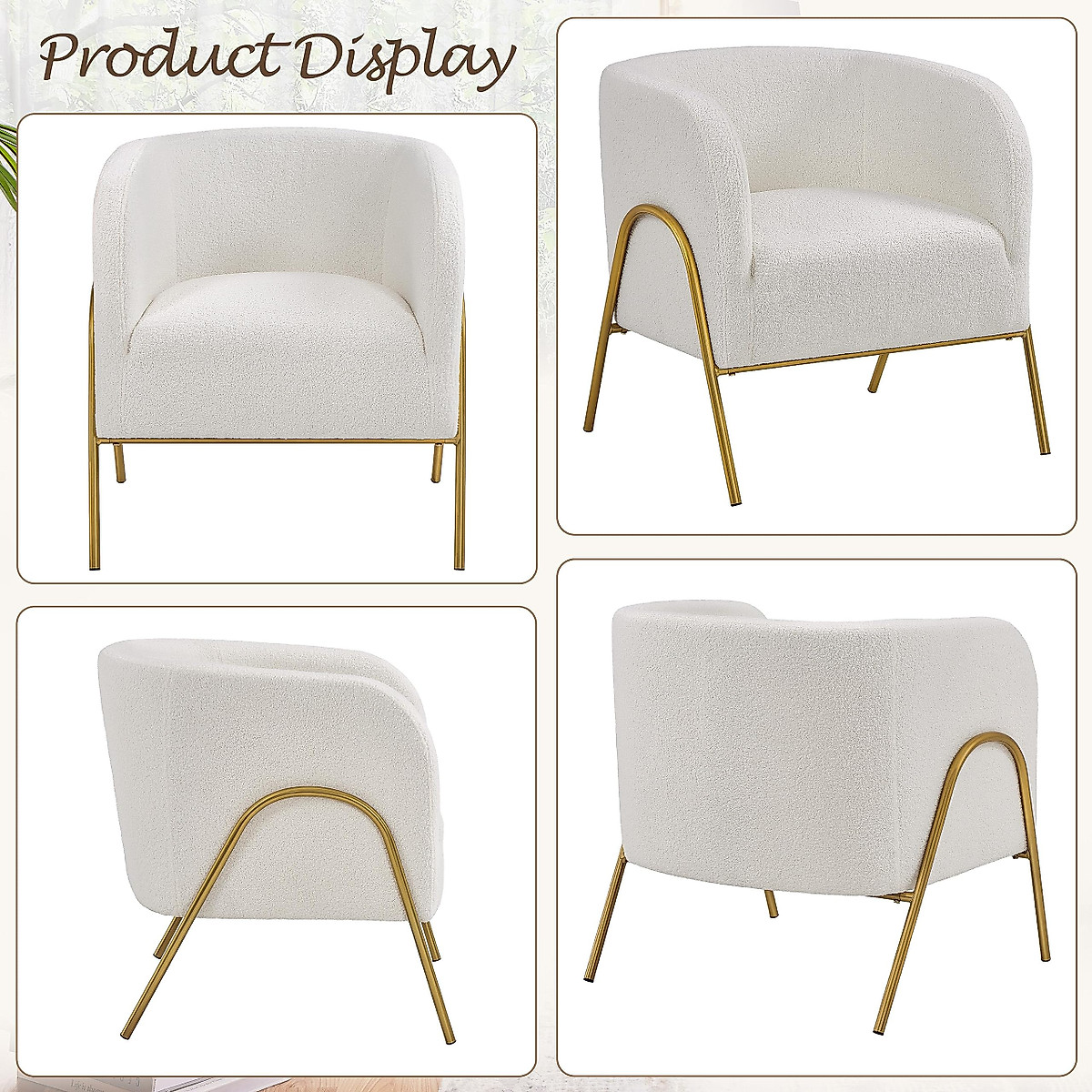 Yaheetech Accent Chair Set of 2, Armchair Set, Side Chairs for Living Room, Boucle Fabric Vanity Chairs with Gold Legs for Bedroom Office Readig Nook, Ivory