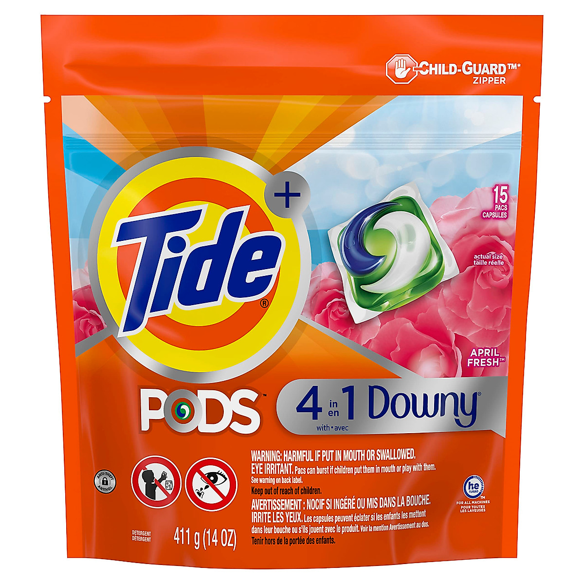 Tide PODS with Downy, Liquid Laundry Detergent Pacs, April Fresh, 15 Count