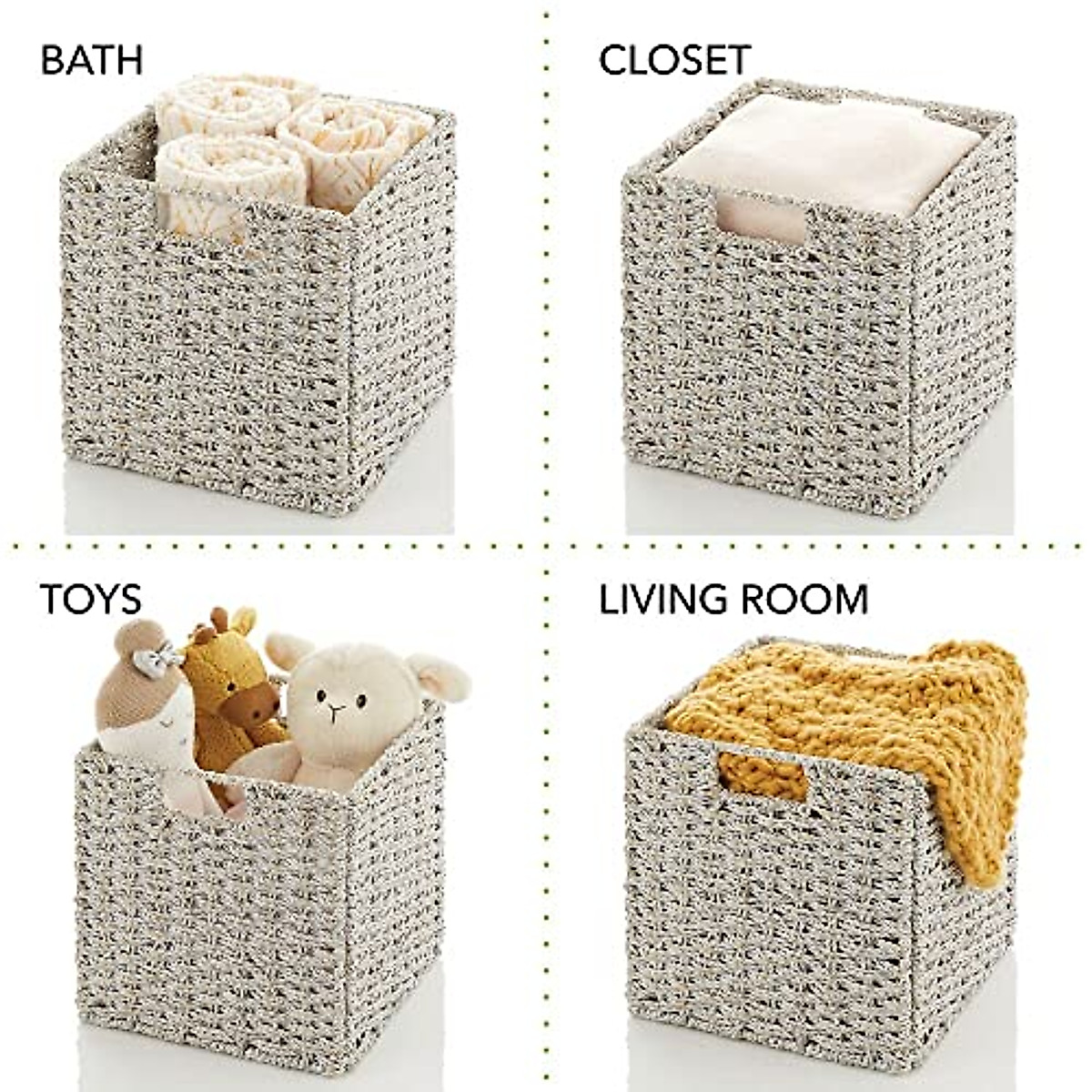 mDesign Seagrass Woven Cube Storage Bin Basket Organizer with Handles for Kitchen Pantry, Cabinet, Cupboard - Shelf and Cubby Organization, Holds Food, Drinks, Snacks, Appliances - 2 Pack - White Wash