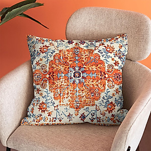 chiinvent Boho Pillows Covers 18x18 Inch Set of 2 Bohemian Vintage Rust Carpet Pattern Throw Pillows Orange Blue Ethnic Floral Decorative Cotton Linen Cushion Cases for Outdoor Couch Sofa Living Room
