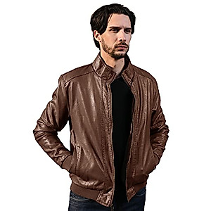 WenVen Men's Stand Collar Fleece Lined Bomber Faux Leather Jacket (Field, M)
