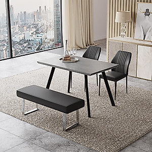 ZckyCine Modern Dining Table Set, 4-Piece Kitchen Table Set for 4 Persons, Rectangular Wooden Dining Table with 2 Cushioned Leather Chairs and 1 Black Bench