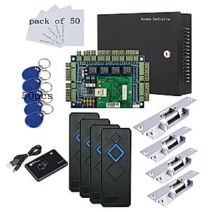 MENGQI-CONTROL TCP/IP 4 Door Entry Access Control Panel Kit Electric Strike Fail Secure NO Mode Lock Enroll RFID USB Reader 110-240V Power Supply Box RFID Reader Phone APP remotely Open Door