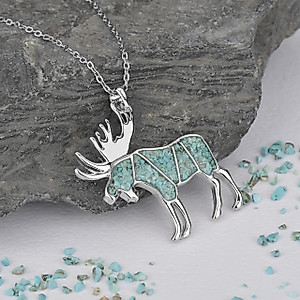 Lauren-Spencer Gemstone Animal Necklace Turquoise Tiger's Eye Tumbled Chips Animal Pendant Necklace Bear Moose Goat Deer Elk Necklace Wildlife Nature Jewelry Gift for Women Men (Moose-Turquoise)