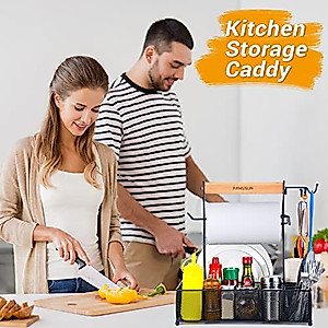 FANGSUN Large Grill Utensil Caddy, Picnic Condiment Caddy, BBQ Organizer for Outdoor Grilling, Camping Caddy with Paper Towel Holder for Plate Cutlery, Grill Accessories Storage for Tailgating, Black