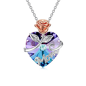 AOBOCO Mothers Day Rose Necklace Jewelry Gifts for Grandma Mom, Sterling Silver Pendant with Heart Purple Crystal