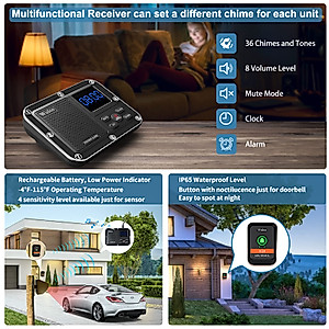 Solar Wireless Driveway Alarm with Extra Doorbell Part, Multifunctional Wireless Home Security System, Rechargeable Battery/Weatherproof/Mute Mode/Clock and Alarm (1 Receiver 2 Sensors 1 Doorbell)
