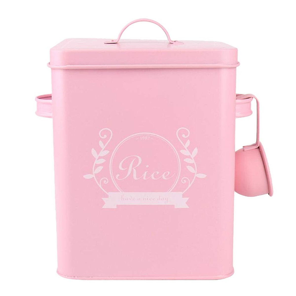 Luzhengyang Large Pink Metal Storage Tin Canister Bucket with Lid and Scoop for 50lbs Rice and Laundry Detergent Powder - Retro Galvanized Rice Dispenser for Emergency Food Storage
