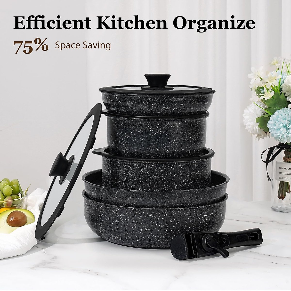 SODAY 15Pcs Pots and Pans Set Non Stick, Cookware Sets with Detachable Handle, Nonstick RV Kitchen Cooking Set Removable Handles, Oven Safe, Induction Fast, Stackable Non-stick Set, Black