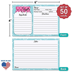 321Done 4x6 Recipe Cards (Set of 50) - Mason Jar - Thick Double Sided Premium Card Stock - Made in USA - Rustic Pink and Teal, Large Notes From