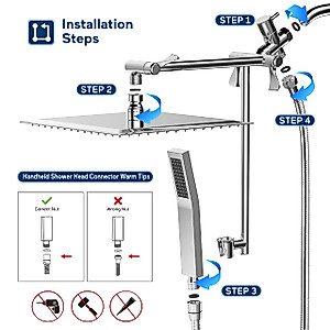 Shower Head with Handheld, MUFECO 8'' All Metal Rain Shower Head High Pressure Dual Square Shower Head Combo with Adjustable Extension Arm and 3 Spray Settings Anti-leak with Holder/Hose