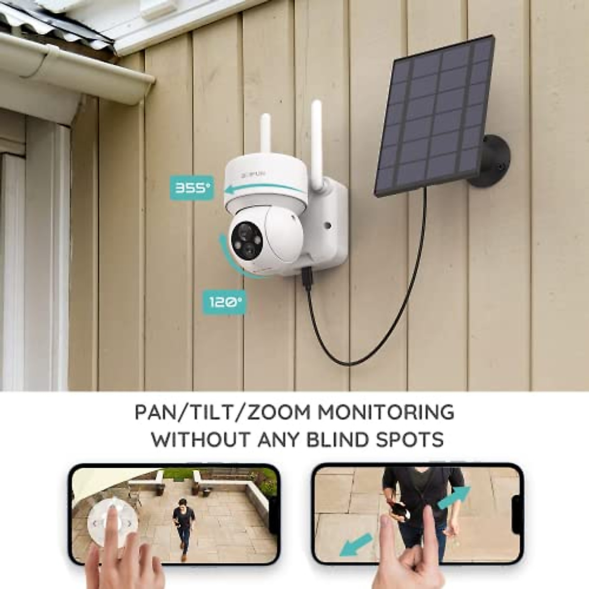 Solar Security Cameras Wireless Outdoor, 2K WiFi 360° PTZ Camera, Solar Powered Security Cameras with Spotlight & Siren, PIR Motion Detection, Color Night Vision, 2 Way Audio, 15000mAh Battery, Alexa
