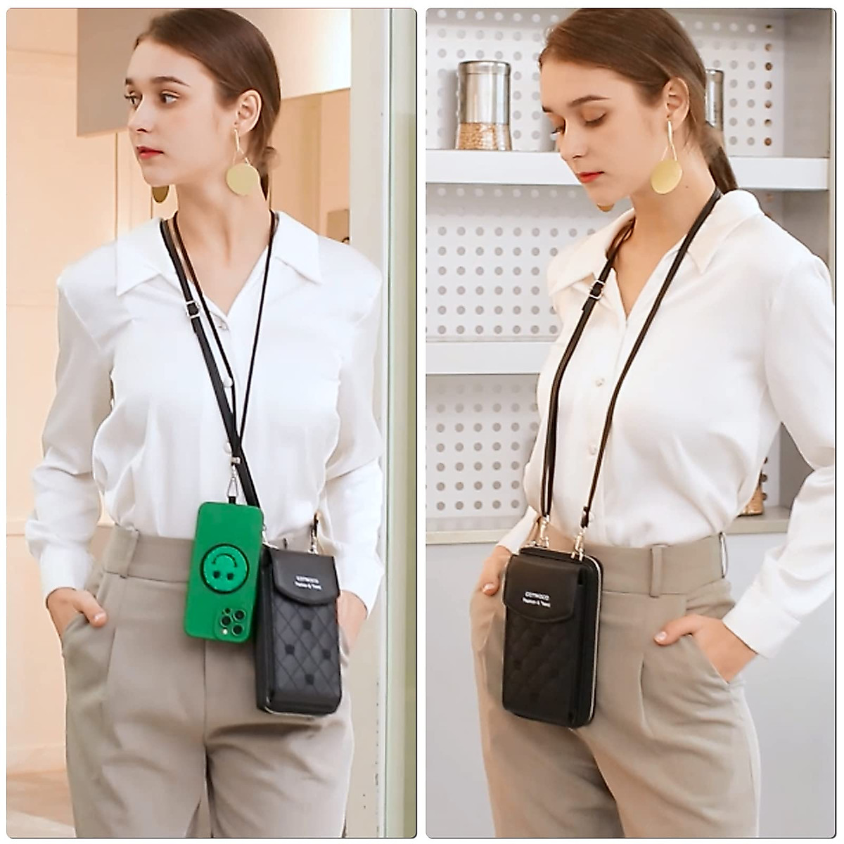 Crossbody Phone Purse for Women KINOUCHI Leather Shoulder Bag RFID Blocking Fashion Cell Phone Wallet with Cellphone Lanyard