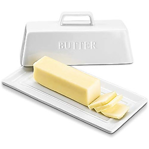 Kook Ceramic Butter Dish with Lid, Kitchen Countertop Butter Keeper, Serving Tray with Cover, Storage Container, Holds 1 Stick, Microwave and Dishwasher Safe, White