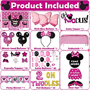 Minnie Mouse Birthday Party Supplies Twodles 2nd Two Pink Mouse Party Decorations For Girl Baby Shower Pack (112 Pcs Including Backdrop, Tablecloth, Headband, Balloons Garland Arch Kit) (Twodles)