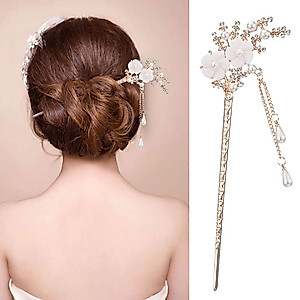 2 Pcs Rhinestone Pearl Flower Hair Stick Chinese Hair Chopsticks Vintage Tassel Hair Pin Chignon Pin Chopsticks Hair Styling Hair Making Accessories for Women (White)1