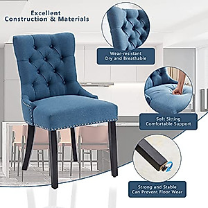 Kingfun Dining Chairs Set of 2, Upholstered Tufted Kitchen&Dining Room Chairs, Modern Accent Chairs Side Chair for Dinner Table/Waiting Room, Padded Nailhead Fabric Parsons Chairs(Solid Wooden, Blue)