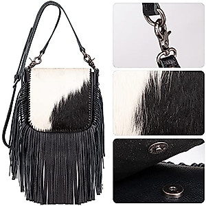 Cowhide Purse Fringe Western Purses for Women Small Crossbody Bags Wallet Leather Shoulder Cross Body Bag Messenger Bag for Women Crossbody Purse Black RLC-L161BK