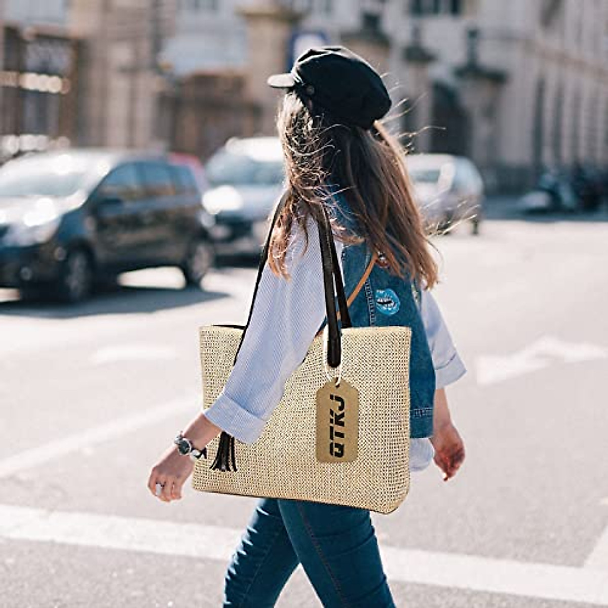 QTKJ Women Straw Summer Beach Bag Handwoven Big Tote Leather Shoulder Handbag with Tassel Decorate (Black)