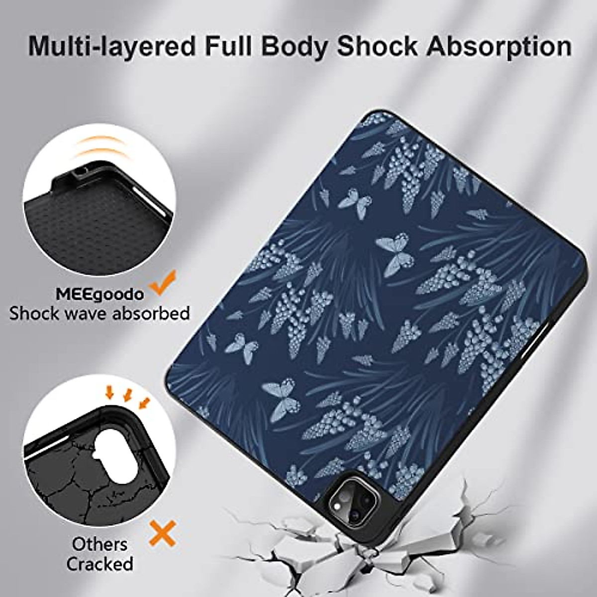 MEEgoodo for iPad Pro M2 12.9 Case 6th/5th/4th/3rd Generation 2022 2021 2020 2018 with Pencil Holder, Tablet Cover with Soft TPU Back Shell, Vintage Floral