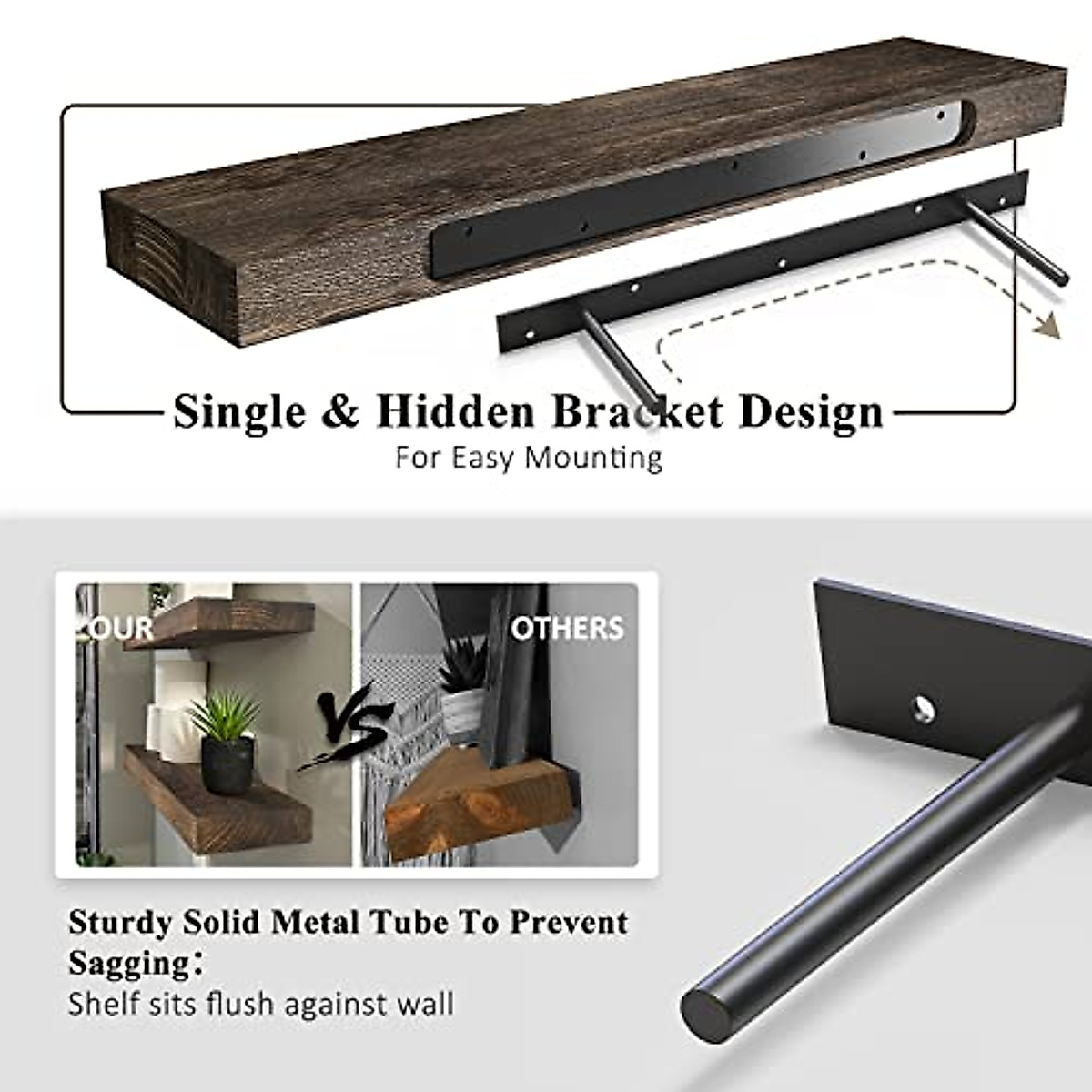 Floating Shelves 36 inches Rustic Natural Wood Shelf for Wall Set of 2 Open Shelving Farmhouse Light Wooden Wall Mounted Shelf Decor for Bathroom, Living Room, Kitchen, Dark Brown (36" W x 5.5"D)