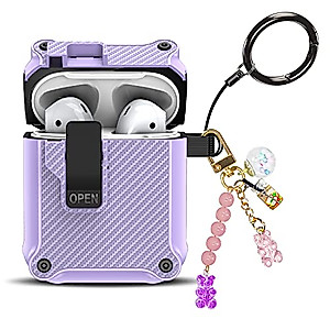 [5 in 1] Case for Airpods 2/1 with Lock, Carbon Fiber Secure Lock Clip PC+TPU Shockproof Protective AirPods Cover Case for Women for AirPod 1st and 2nd Gen with Fashion Candy Keychain(Purple)