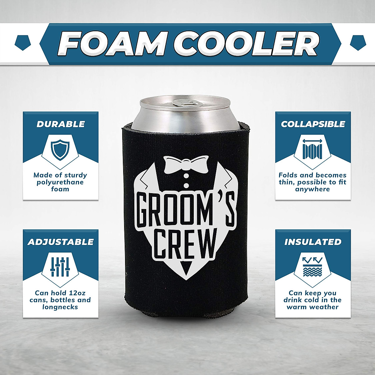 The Groom Tuxedo and Groom’s Crew Tuxedo Wedding Can Sleeve Cooler Insulated Drink Coozies Soda Beer Hugger Coolies (Crew Tux, 7 Pk)