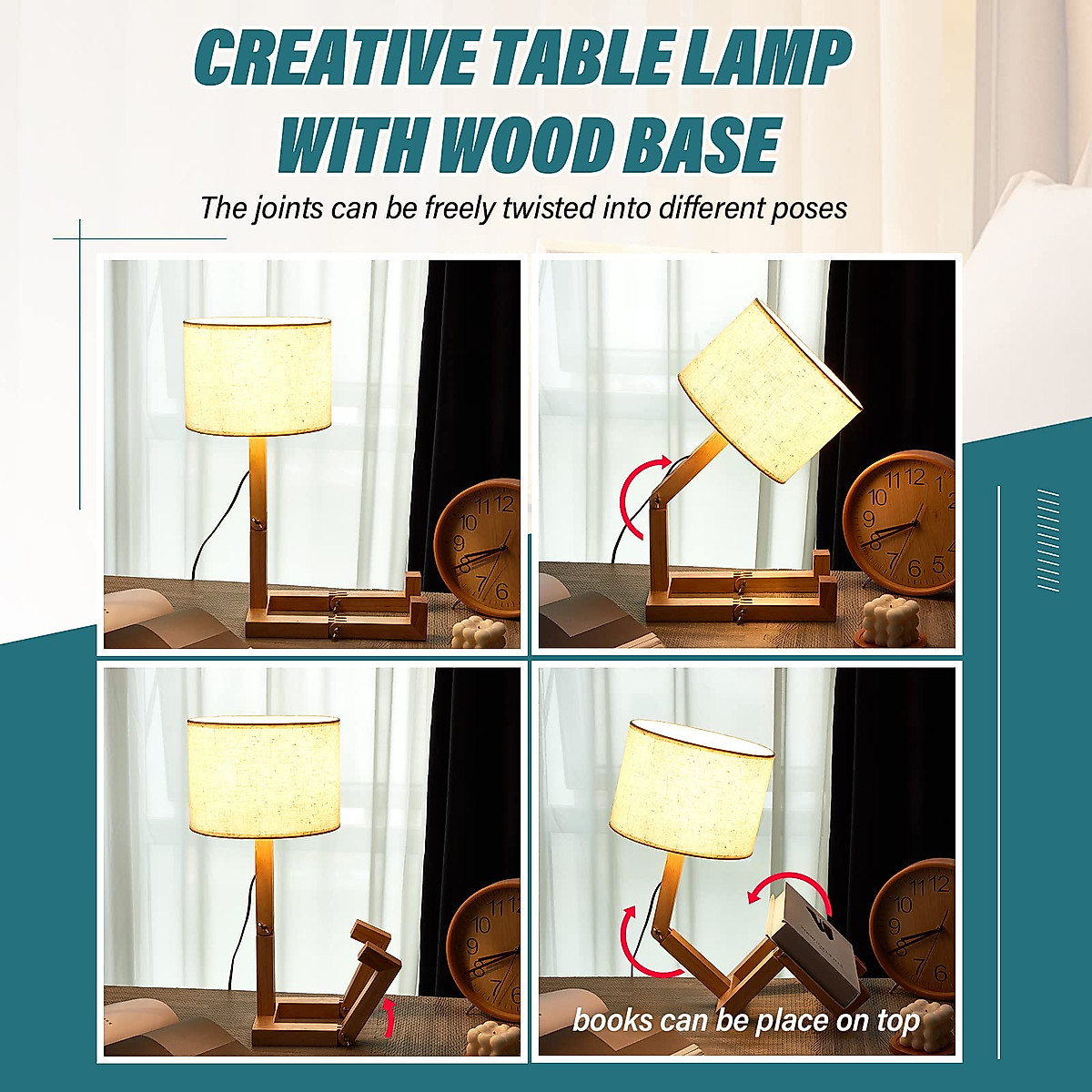 Kittmip Robot Cute Desk Lamp Novelty Wooden Creative Table Lamp with Wood Base Adjustable Shape Bedside Fun Funky Lamp Reading Wood Lamp DIY Fun Robot Lamp for Bedroom, Office, Study Desk, Kids Room