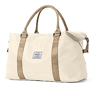 Travel Duffel Bag for Women, Sports Tote Gym Bag, Shoulder Weekender Overnight Bag with Wet Pocket & Trolley Sleeve,Light Beige & Brown