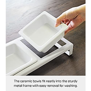 Yamazaki Home Tower Steel and Ceramic Pet Food Stand | 2 Bowls for Food and Water | Feeder for Small Cats and Dogs | Non-Slip - Short - 1.25 Cups, 300 Milliliters Per Bowl, White