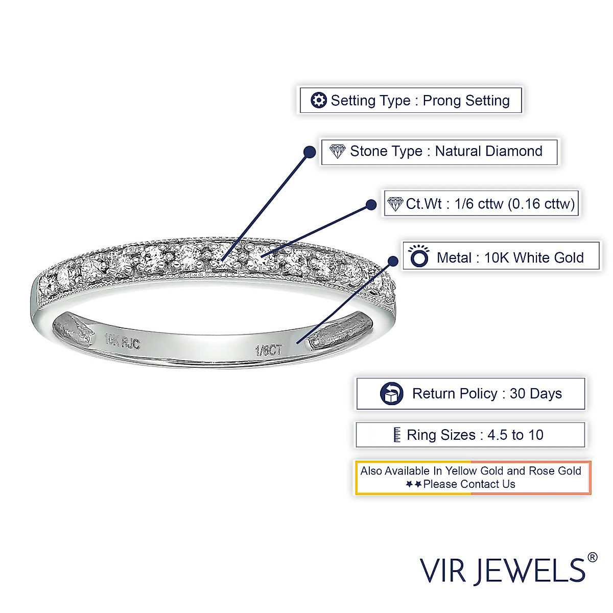 Vir Jewels 1/6 carat (ctw) Diamond Wedding Anniversary Band for Women, Half Eternity Petite Round Diamond Engagement Ring 10K White Gold Prong Set with Milgrain 0.16 cttw, Size 6