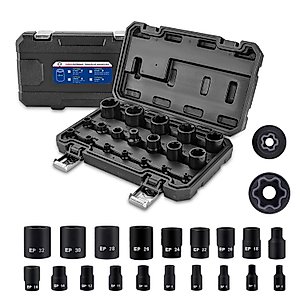 AKM 19PC External Torx Plus Socket Set,Female E-Torx Star Torque Socket Set,Cr-v steel EP4-32 with 1/2’’ 3/8’’ 1/4'' Drive, with High Impact Storage Case, Compatible with Tesla Battery Retainers