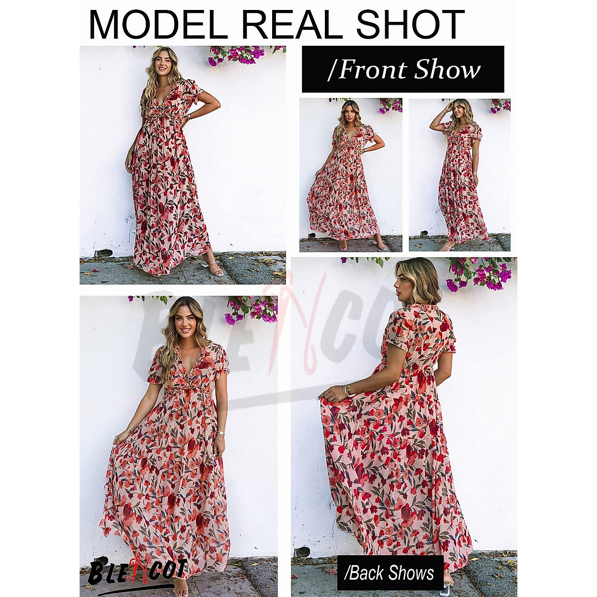 BLENCOT Women's Casual Boho Floral Printed Deep V Neck Loose Short Sleeve Long Evening Dress Ruched Cocktail Party Maxi Wedding Dress Red X-Large