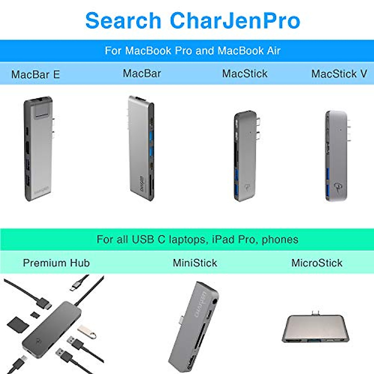 CharJenPro USB C Hub for MacBook Pro 2020, 2019, 2018-2016 (M1) MacBook Air 2020, 2019, 2018, 100W Power, HDMI 4K, 2 USB 3.0, microSD, SD Card Reader, USB C Port. USBC Adapter.