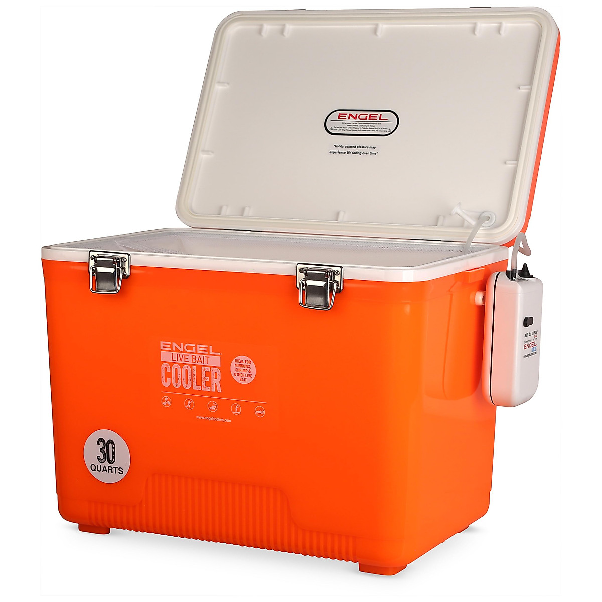 Engel 30qt Live Bait Cooler Box with 2nd Gen 2-Speed Aerator Pump - Portable Fishing Station & Minnow Bucket for Shrimp & Other Live Fish with Aerator - ENGLBC30-N in Orange High-Visibility